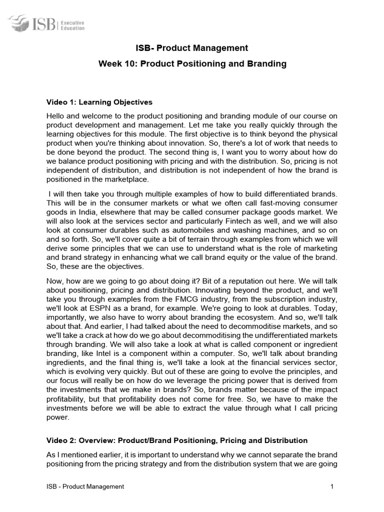 ISB - PM - M10 - Product Positioning and Branding - Video Transcript | PDF | Brand | Ibm Pc ...
