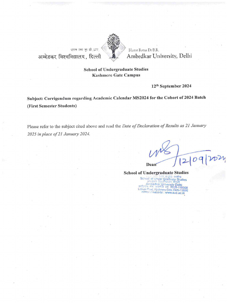 Corrigendum Regarding Academic Calendar Ms2024 For The Cohort of 2024 Batch 1st Sem Students 0 | PDF
