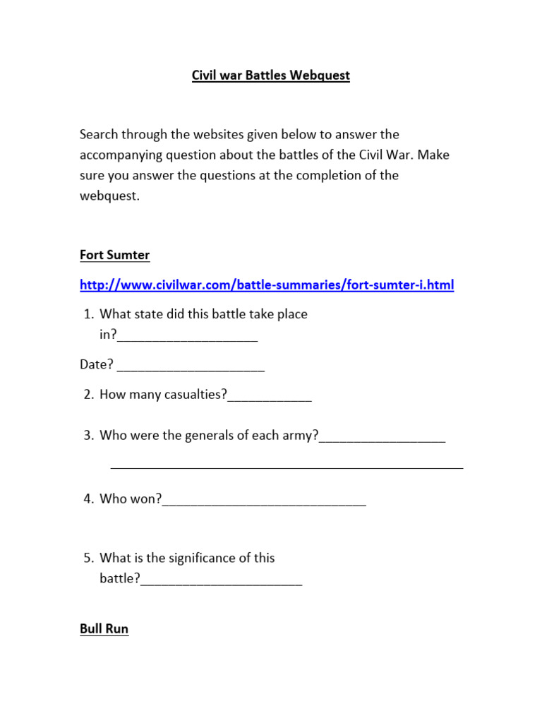 Civil War Battles Webquest | PDF | American Civil War | Campaigns Of ...