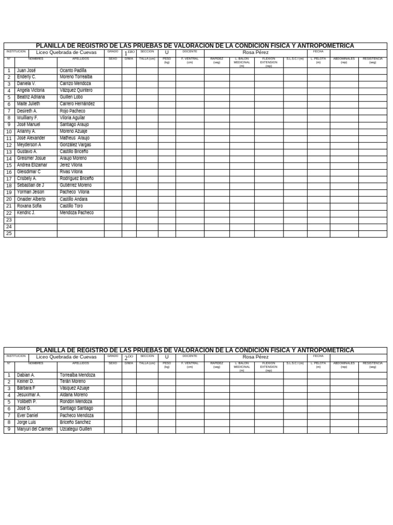 Planilla de Registro de Las Pruebas de Valoracion de Ña Condicion Fisica y Antropometrica | PDF