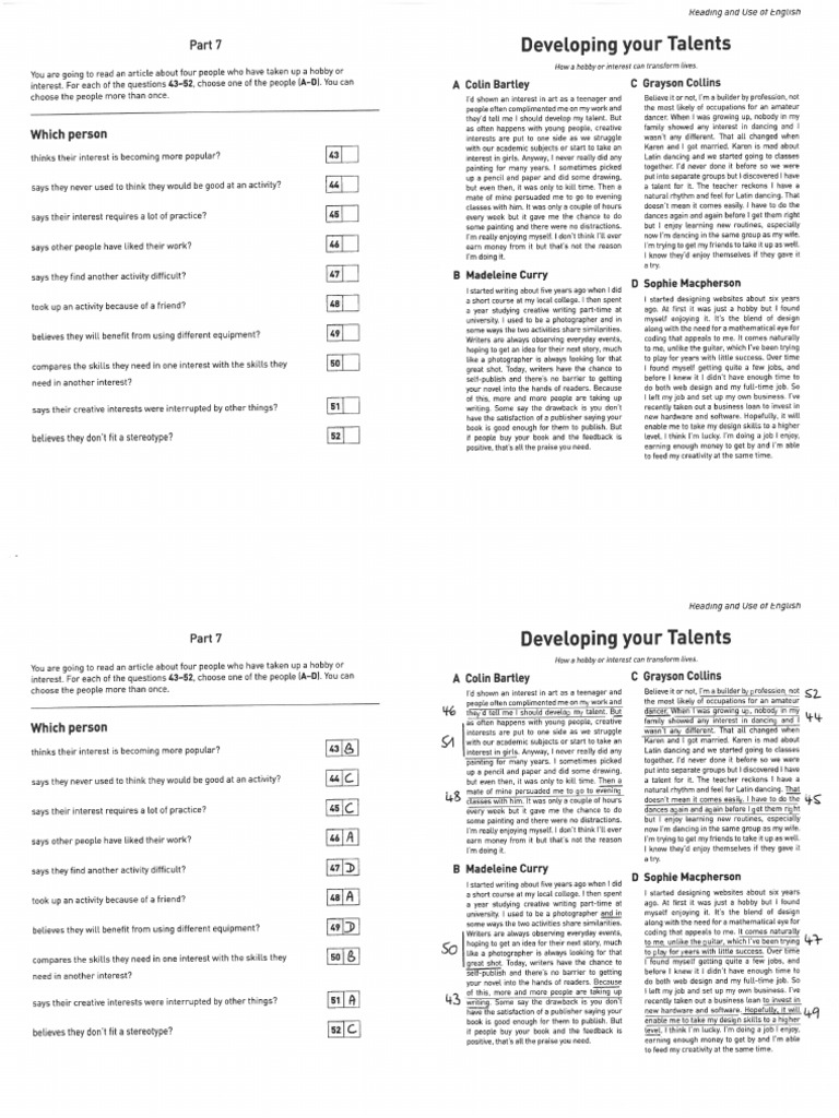B2 First - Reading Part 7 - Developing Your Talents - From Collins B2 First | PDF