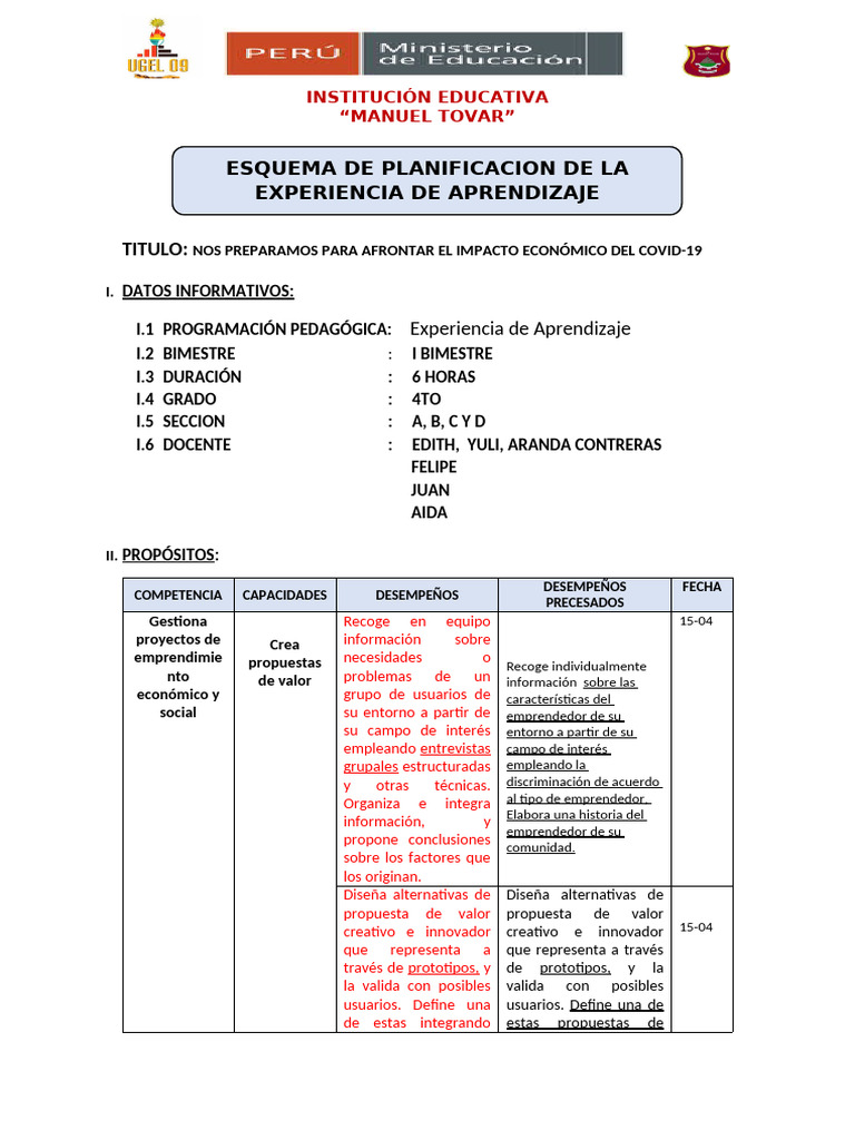 EXPERIENCIA APRENDIZAJE -4TO | PDF | Aprendizaje | Iniciativa empresarial