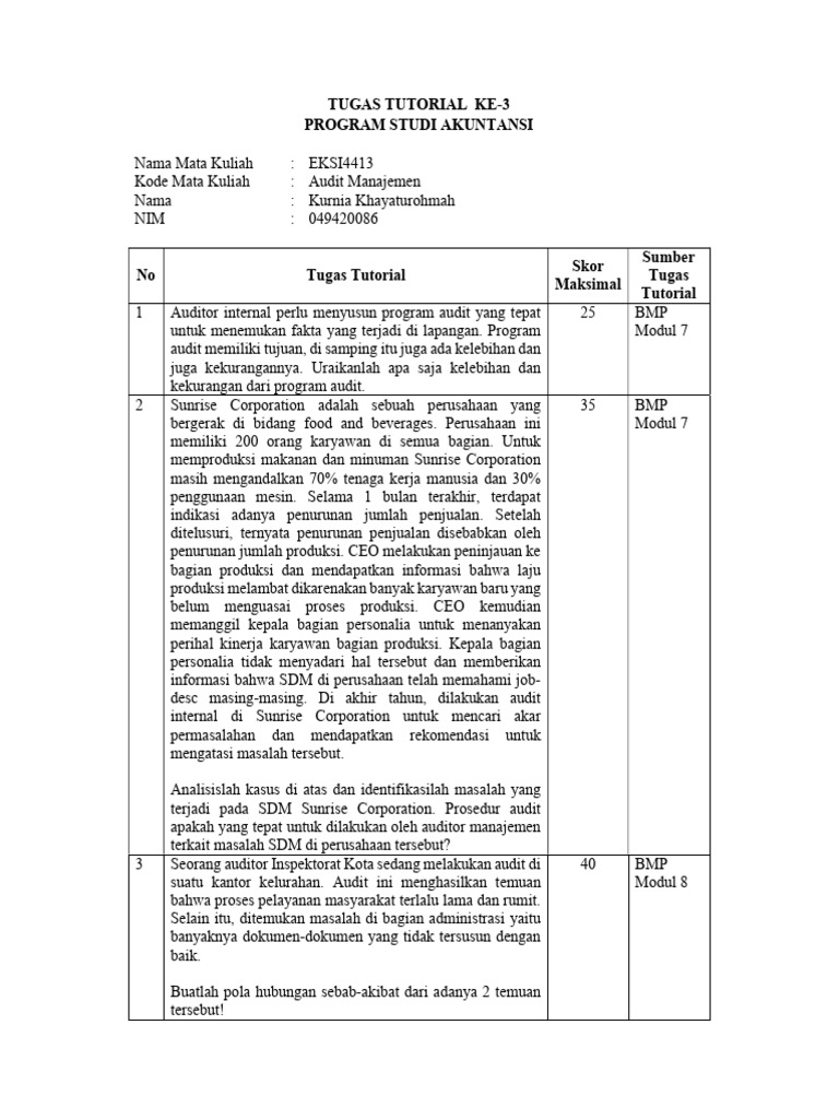 Tugas 3 Audit Manajemen - Kurnia - 049420086 | PDF | Karier & Perkembangan | Bisnis
