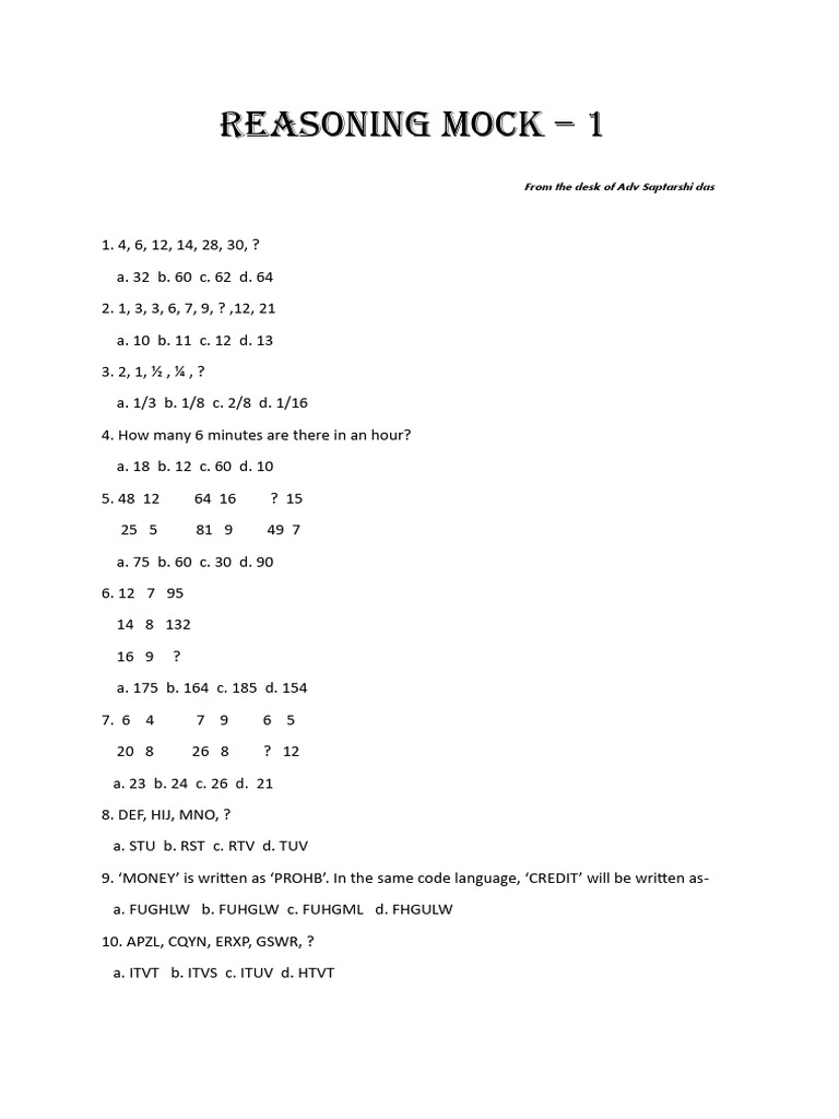 Reasoning Mock 1 PDF - 073445 | PDF | Travel | Teaching Methods & Materials