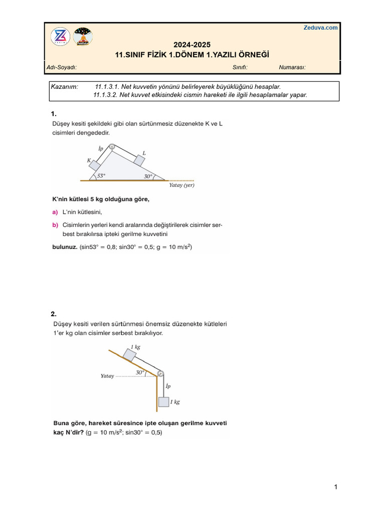 11 Sinif-Fizik-1 Donem-1 Yazili | PDF