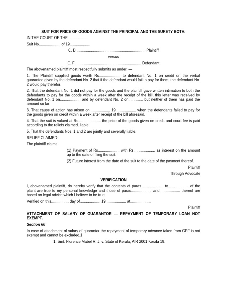 Suit For Price of Goods Against The Principal and The Surety Both | PDF ...