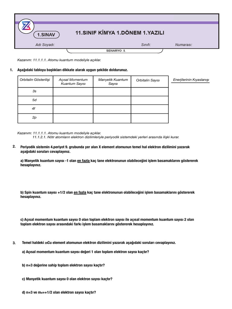 11.sinif Kimya 1.donem 1.yazili Ornegi | PDF