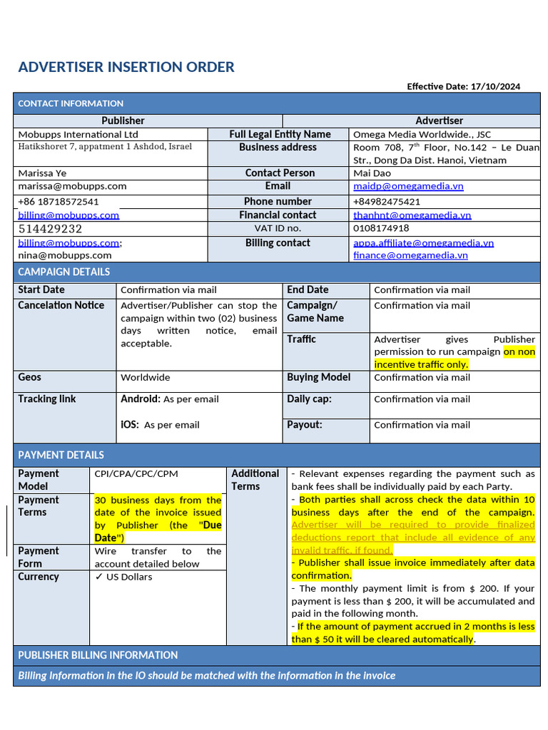 (Omega) NET IO Form 2024 0924 - Redlines 29.10.2024 | PDF | Breach Of Contract | Advertising