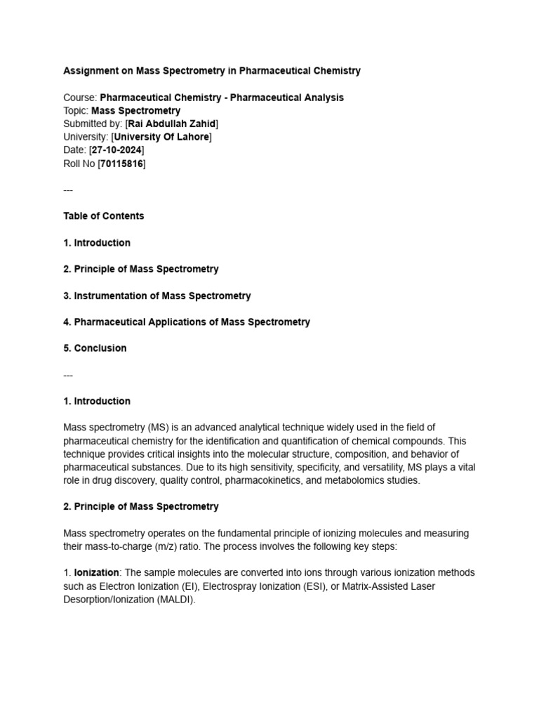 Assignment On Mass Spectrometry | PDF | Mass Spectrometry | Laboratory ...