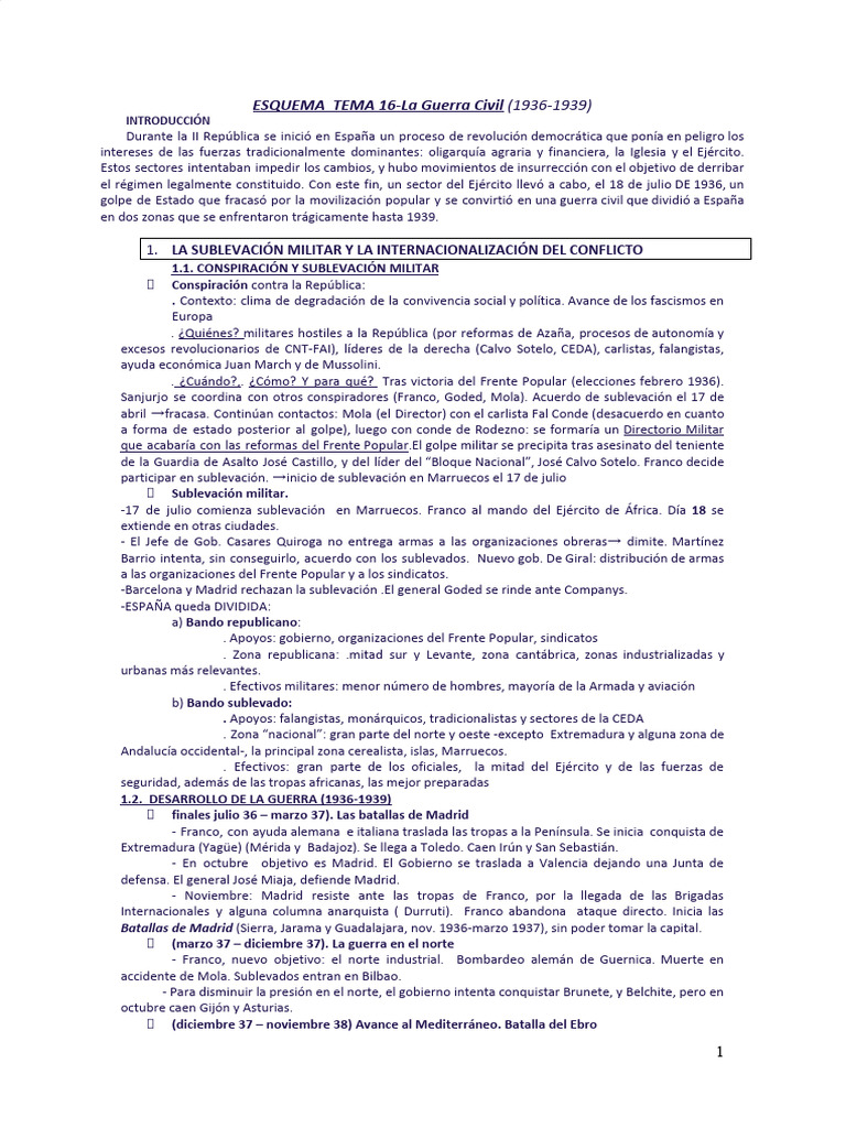 ESQUEMA Tema 16 Guerra Civil | PDF | Francisco franco | guerra civil Española