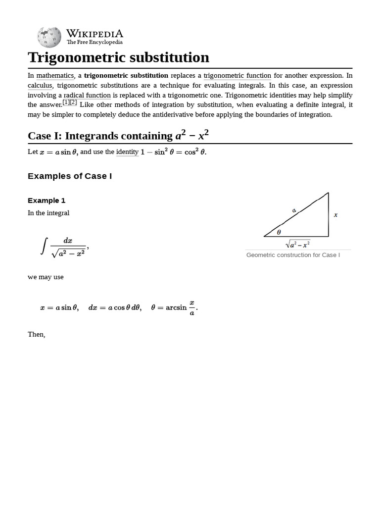 Trigonometric Substitution in Integrals | PDF | Integral ...