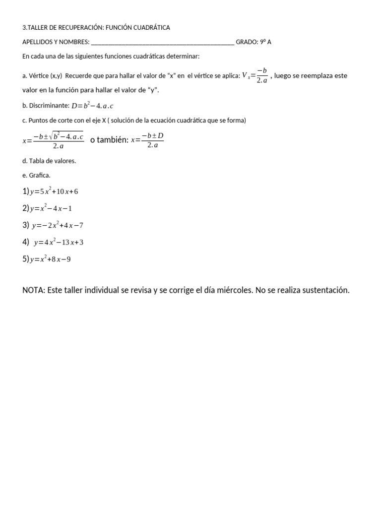 3.función Cuadrática Taller | PDF | Ciencia y matemática | Computadoras
