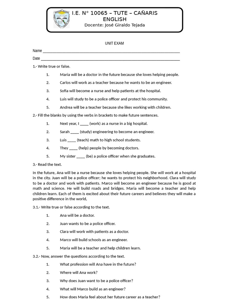 Future Careers Unit Exam for Students | PDF