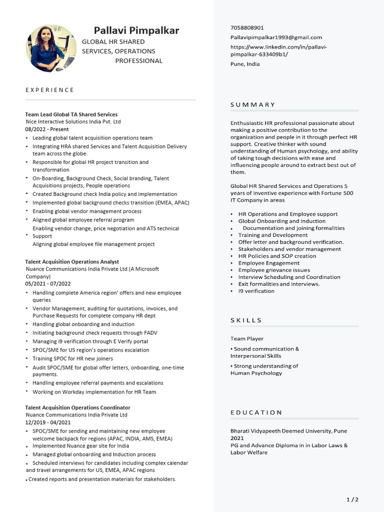 Pallavi Pimpalkar - Team Lead Global HR Shared Services | PDF | Computing | Business