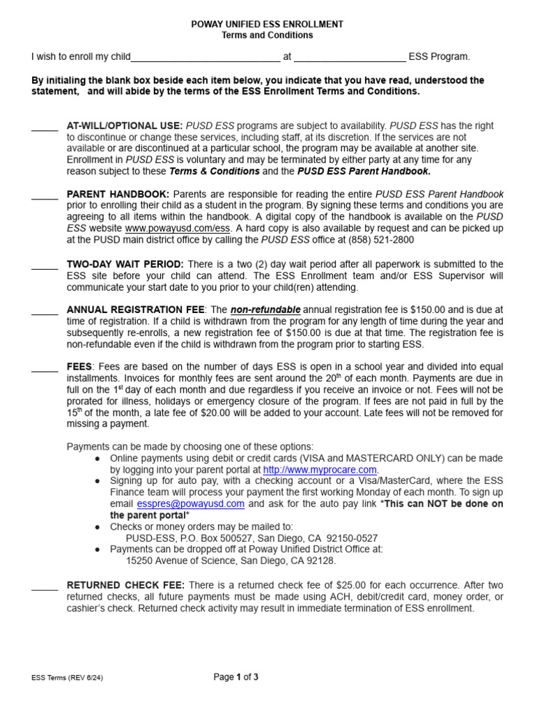 Poway Unified ESS Enrollment Terms | PDF | Fee | Payments