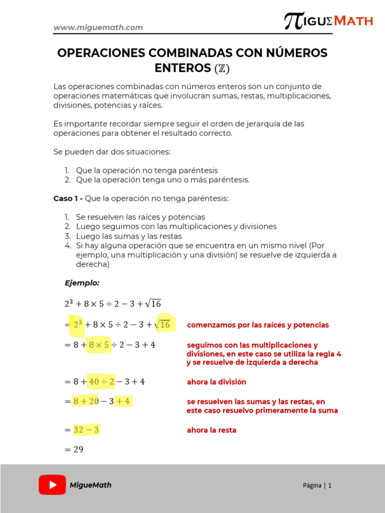 Operaciones Combinadas Con Numeros Enteros | PDF | Entero | Sustracción