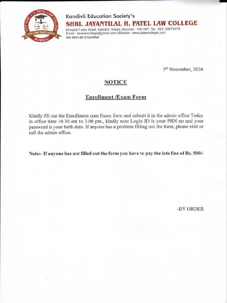 Enrollment Exam Notice | PDF