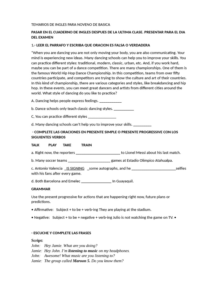 Temarios de Ingles para Noveno de Basica | PDF | Performing Arts