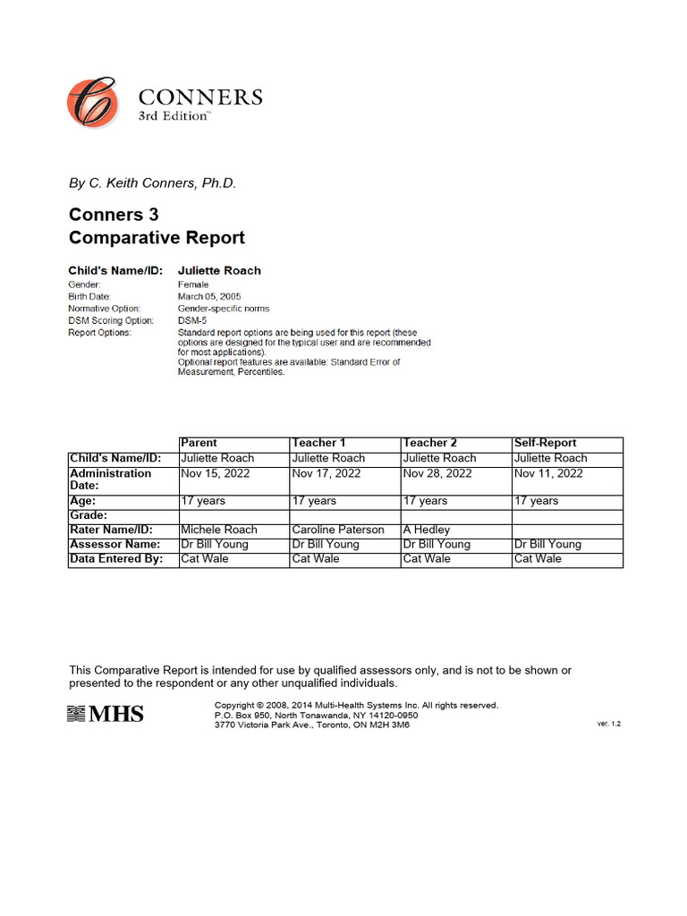Roach-Conners 3 Report-Comparative | PDF | Attention Deficit ...
