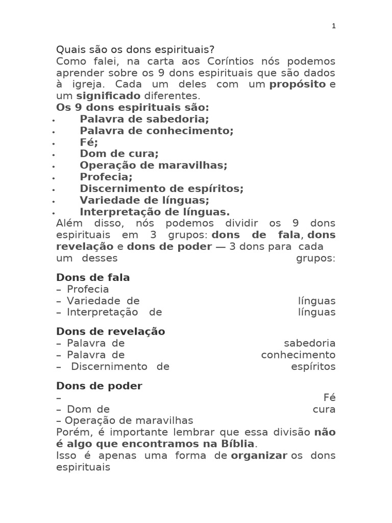 Quais São Os Dons Espirituais | PDF | Presente espiritual | Primeira Epístola aos Coríntios