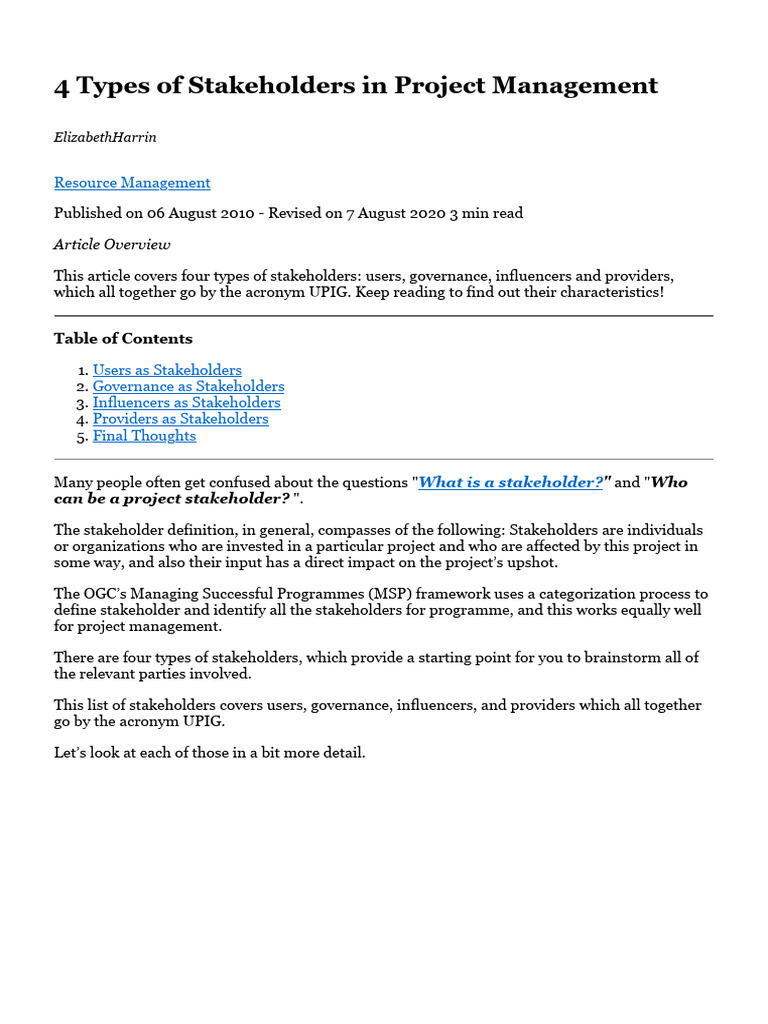 4 Types of Stakeholders in Project Management | PDF | Governance ...