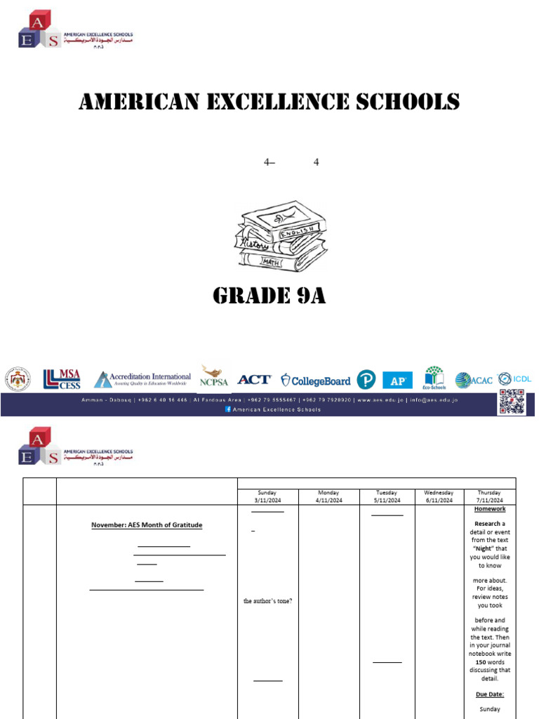 American Excellence Schools: Weekly Plan #9 | PDF