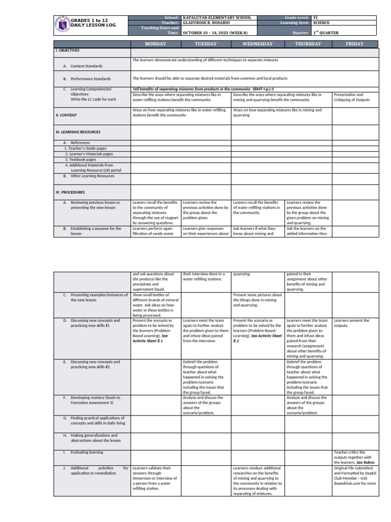 DLL_SCIENCE 6_Q1_W8 | PDF | Learning | Teaching