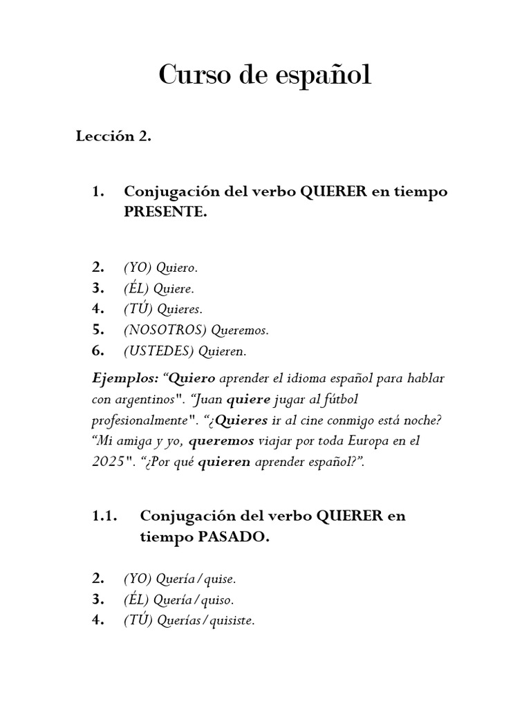 Curso de Español: Lección 2. 1. Conjugación Del Verbo QUERER en Tiempo ...