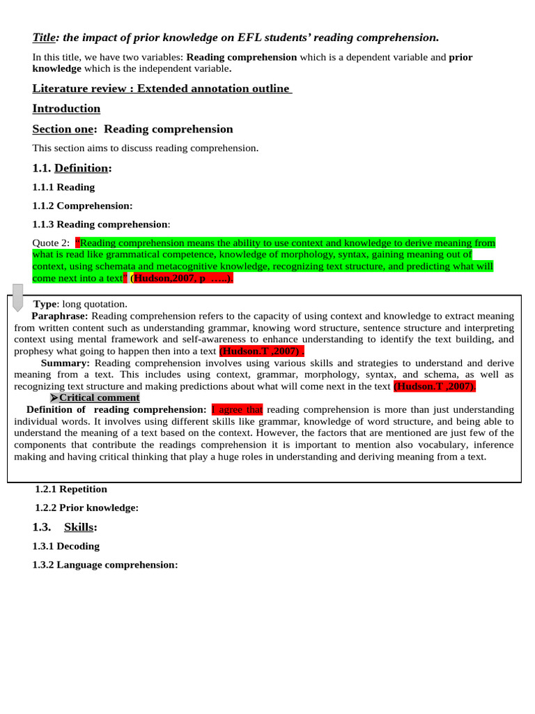 OUTLINE 2 | PDF | Reading Comprehension | Learning