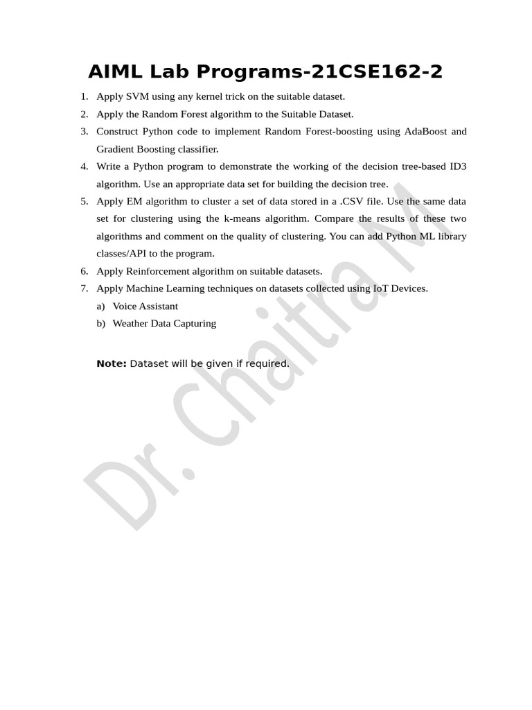 AIML Lab Programs-21CSE162-2: Dataset Will Be Given If Required | PDF