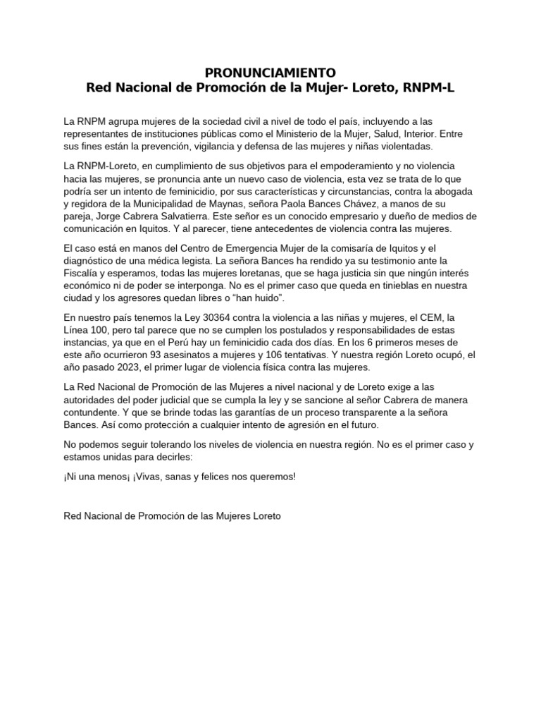 PRONUNCIAMIENTO Red PML Caso Paola Bances | PDF