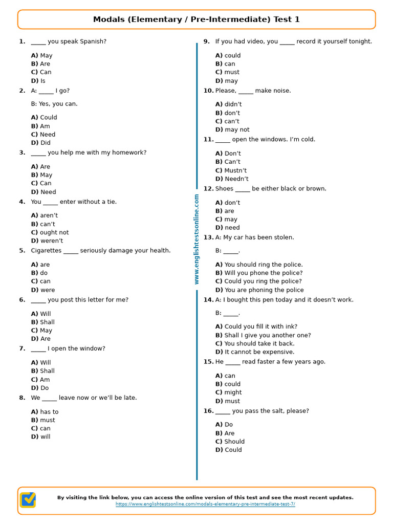 1303 Modals Elementary Pre Intermediate Test 1 | PDF