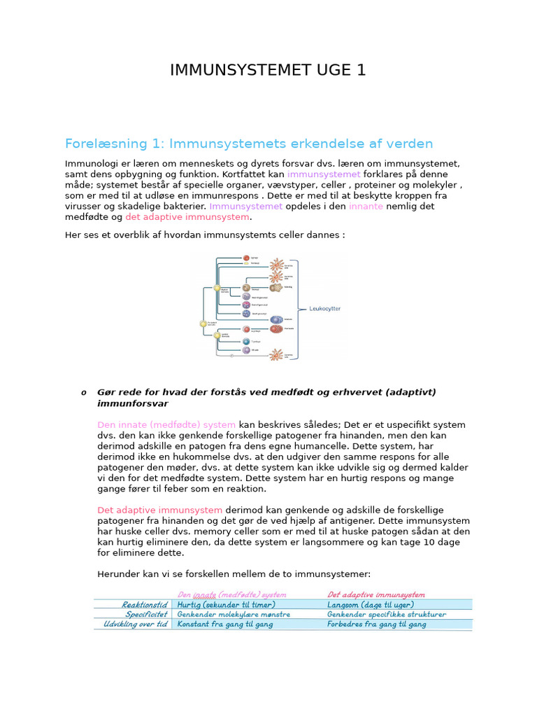 Immunsystemet Uge 1 Læringsmpål | PDF