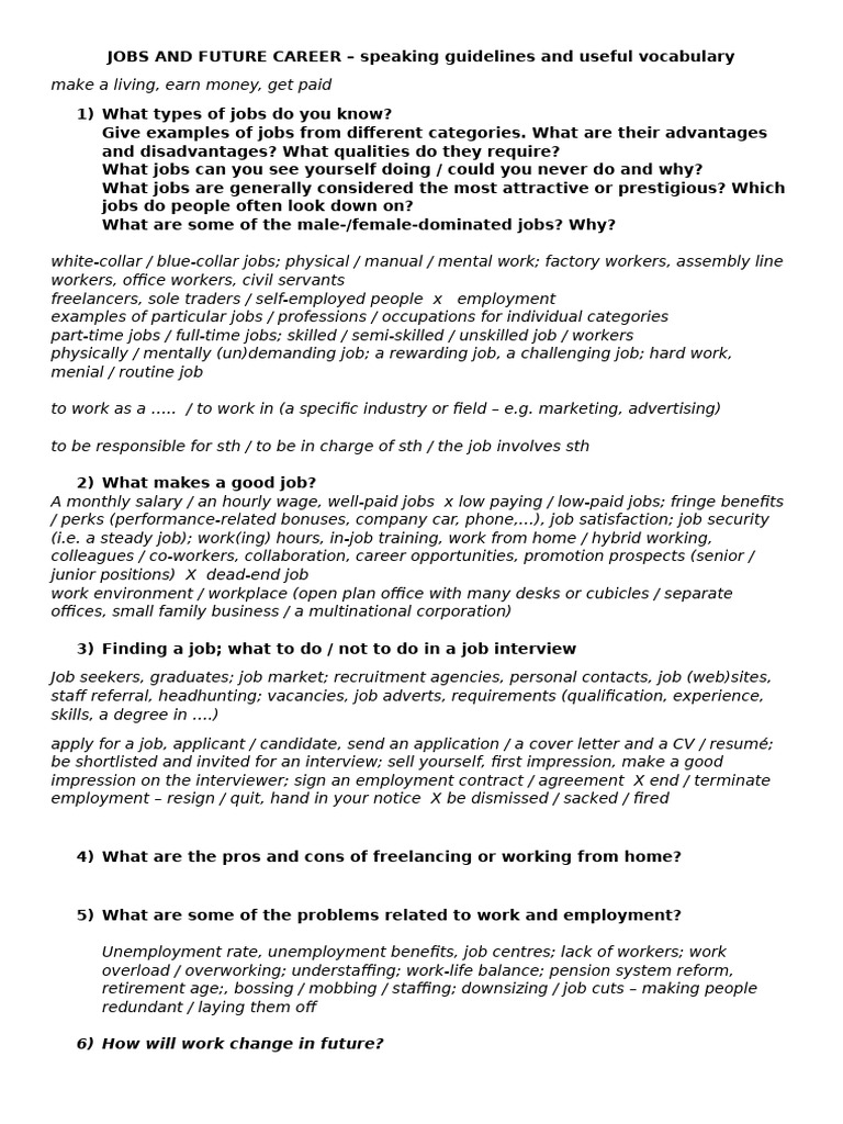 JOBS AND FUTURE CAREER speaking guidelines | PDF | Employment | Recruitment