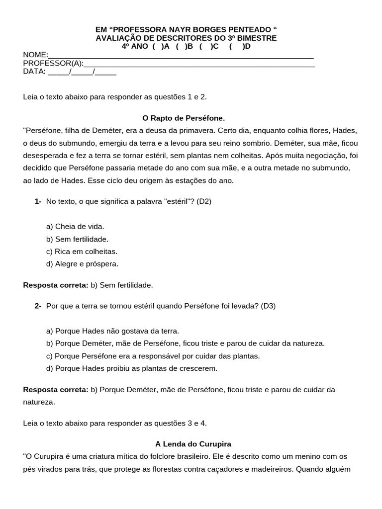 Prova Lingua Nayr 3b PROFESSOR | PDF | Água | Bonecas