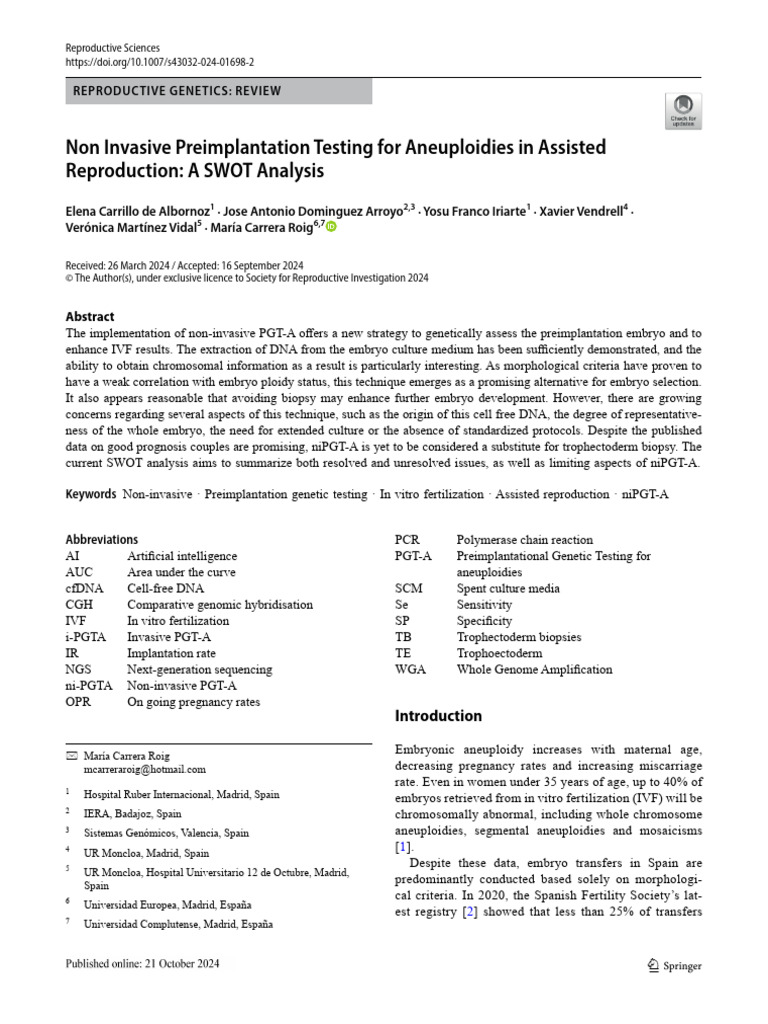 Non-Invasive PGT-A: SWOT Analysis | PDF | In Vitro Fertilisation ...