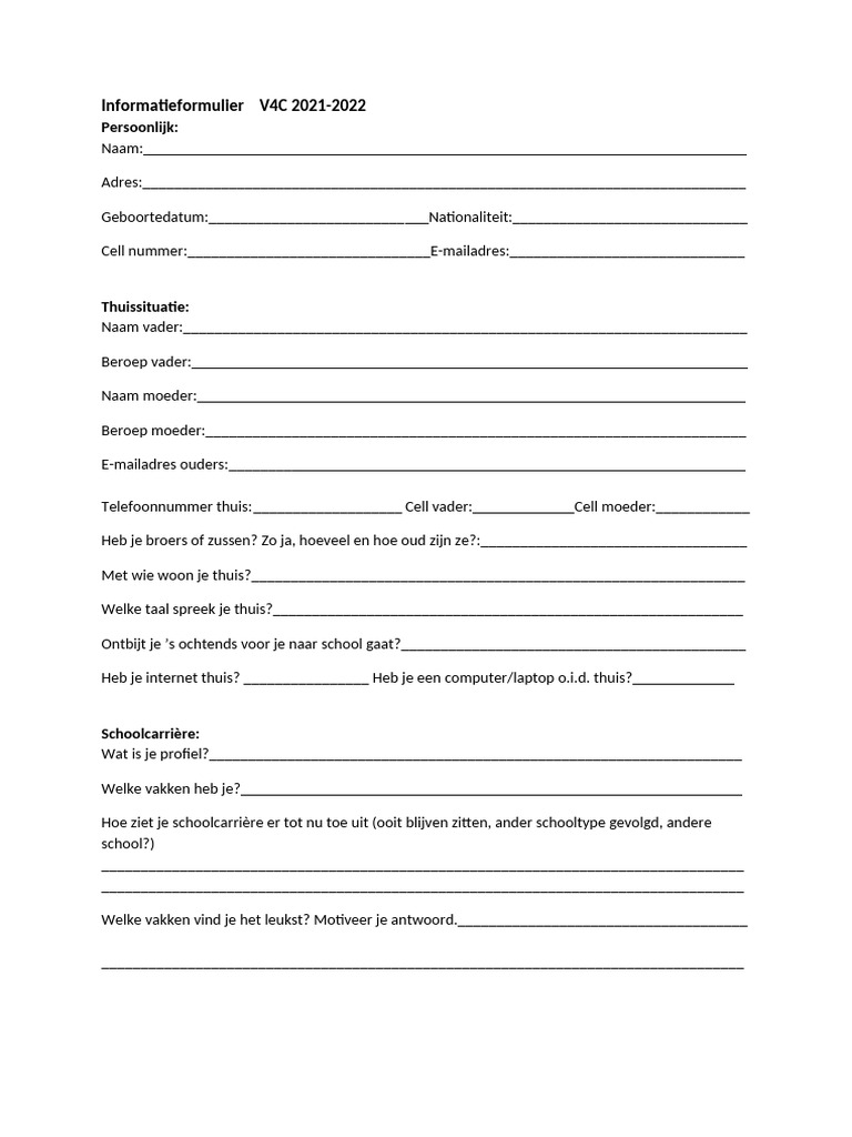 Informatieformulier Mentoraat Start Schooljaar | PDF