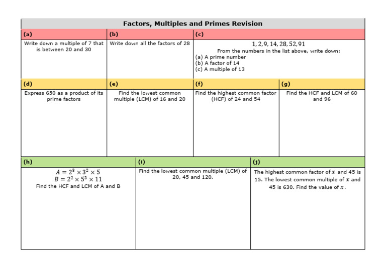 Factors, Multiples and Primes Revision Practice Grid | PDF