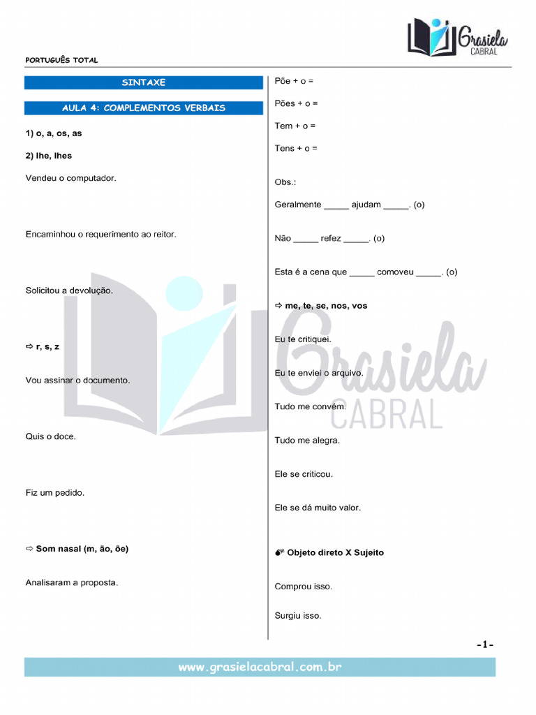 PT Aula 4 Complementos Verbais Aluno Ok | PDF