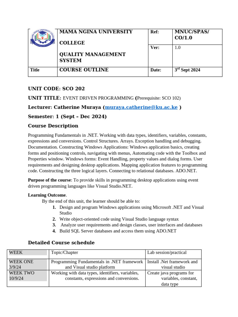 SCO 202 Event Driven Programming Course Outline | PDF | Databases | Computer Programming