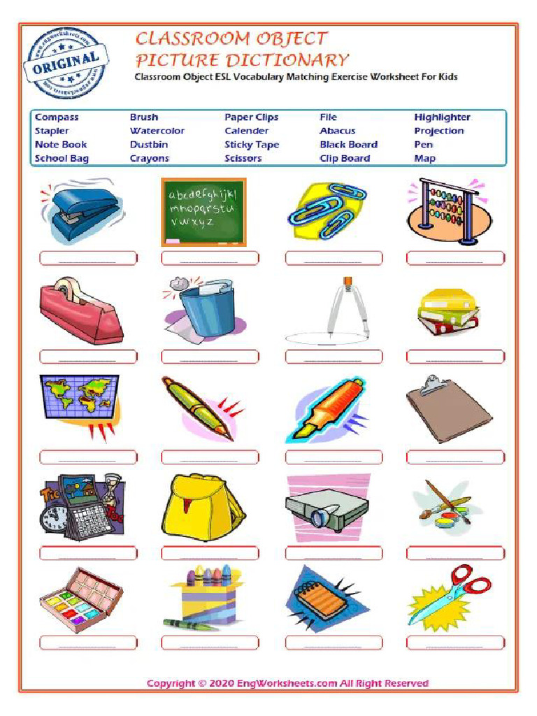 Classroom Object Esl Vocabulary Matching Exercise Worksheet For Kids ...