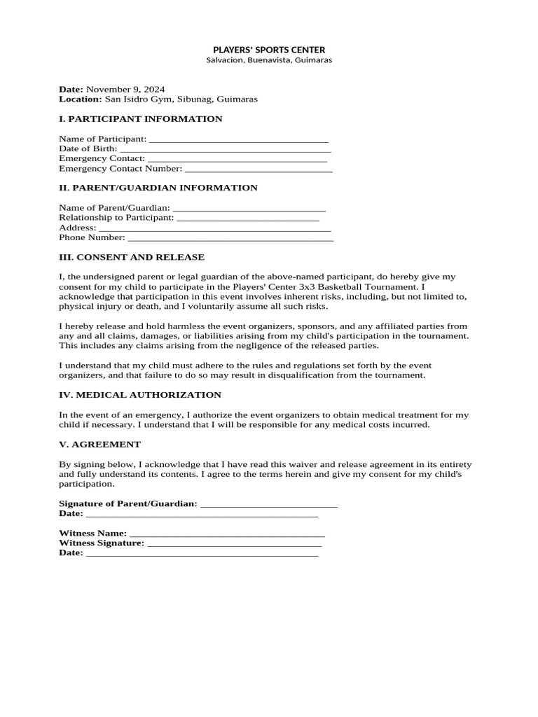 Players' Center Basketball Consent Form | PDF