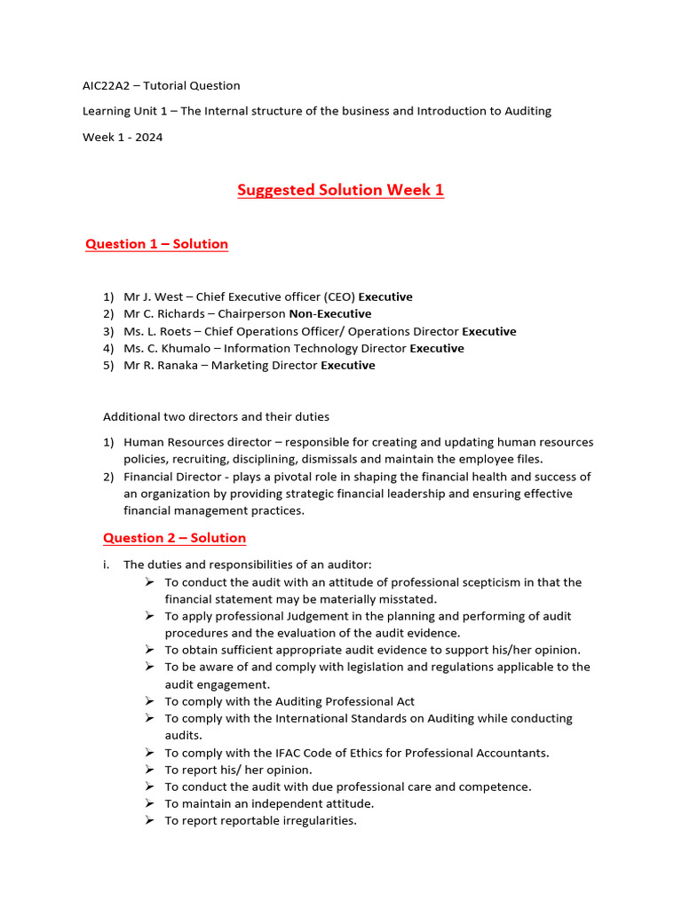 Unit 1 Tutorial Memorandum - Week 1 | PDF