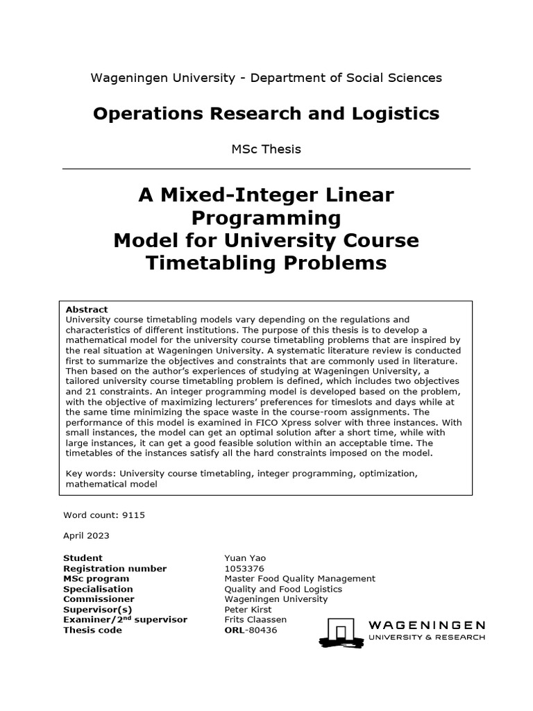 Mixed Integer Linear Programming Model For Univer-Groen Kennisnet 637835 | PDF | Mathematical ...