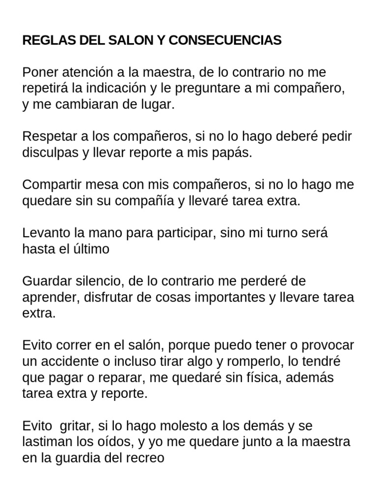 Reglas Del Salon y Consecuencias | PDF | Artes del Lenguaje y ...