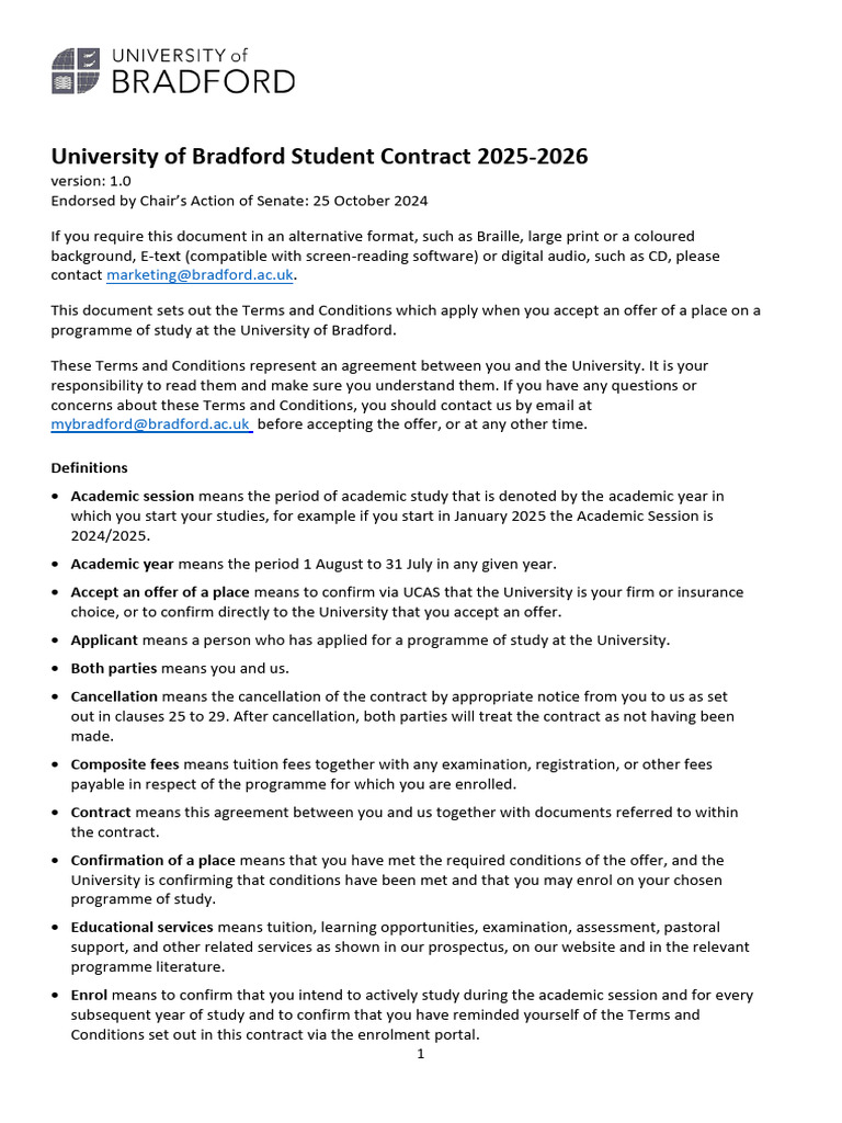 University of Bradford Student Contract 2025-26 | PDF | Common Law ...