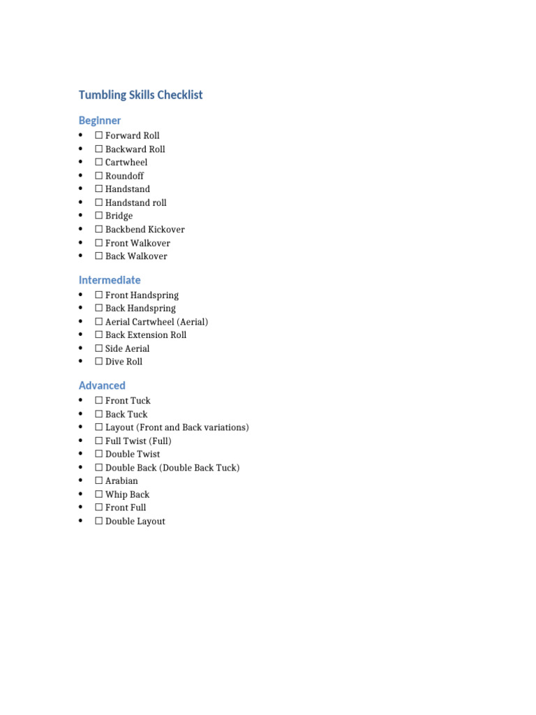 Cheerleading Tumbling Skills Checklist | PDF