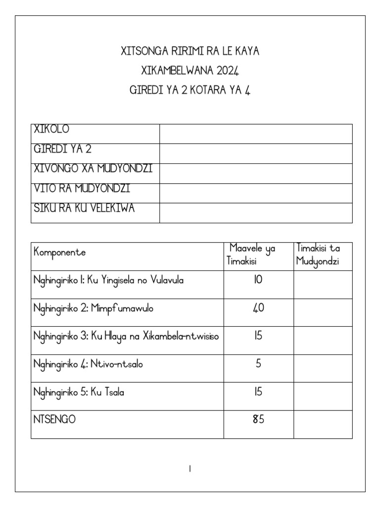 Xitsonga Grade 2 Language Test | PDF