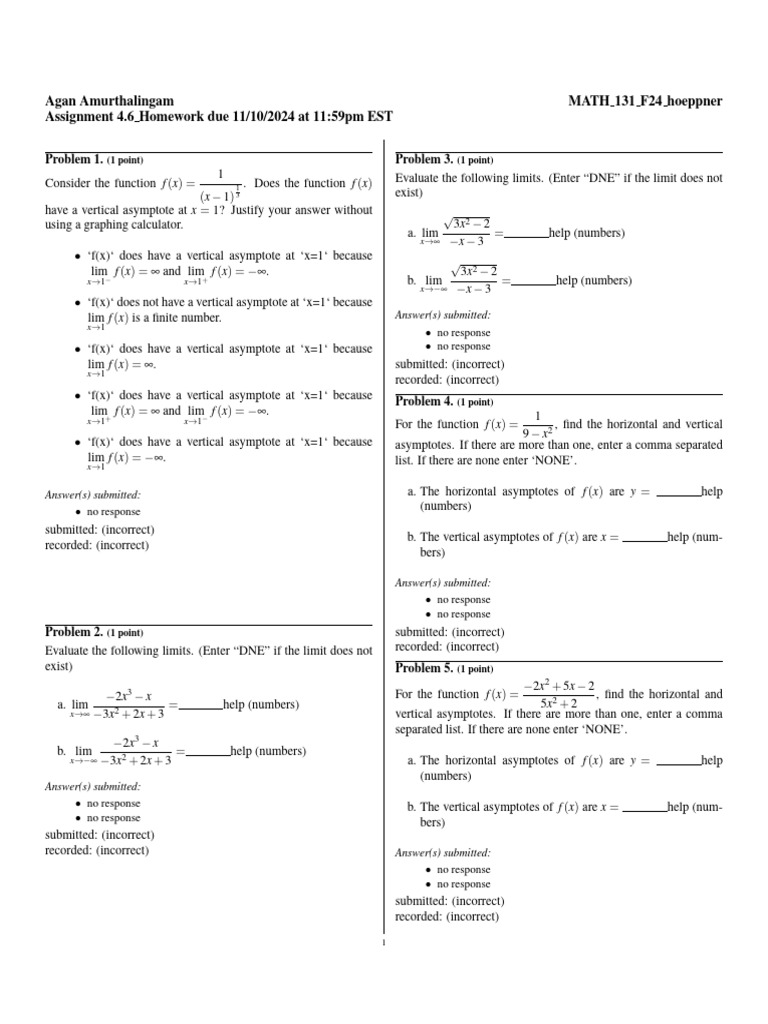 MATH 131 F24 Hoeppner - Agan.amurthalingam.4.6 Homework | PDF | Asymptote | Combinatorics