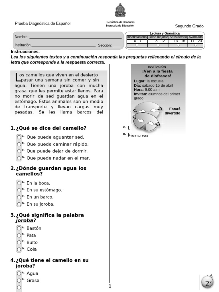 Prueba Diagnóstica 2º Español (2011) | PDF | Camello